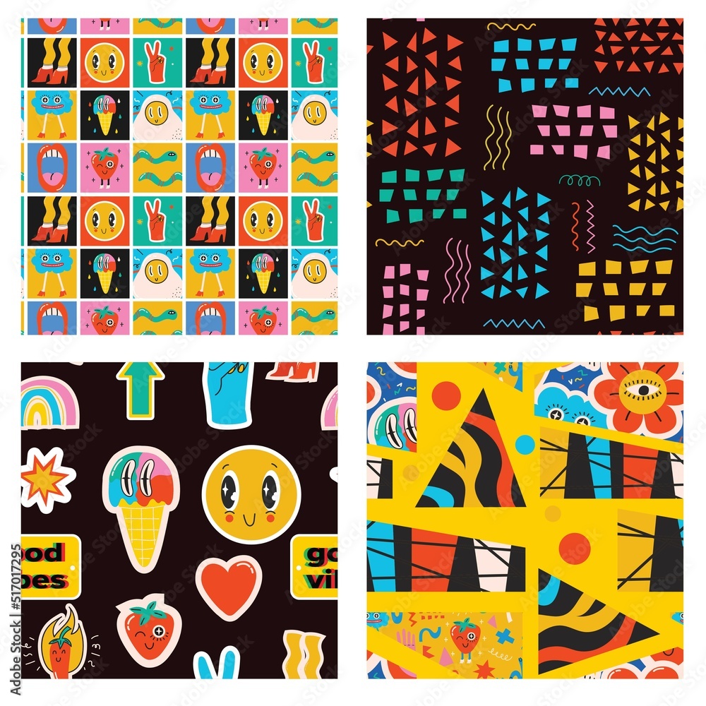 Seamless pattern with crazy comic faces and colorful geometric shapes ...