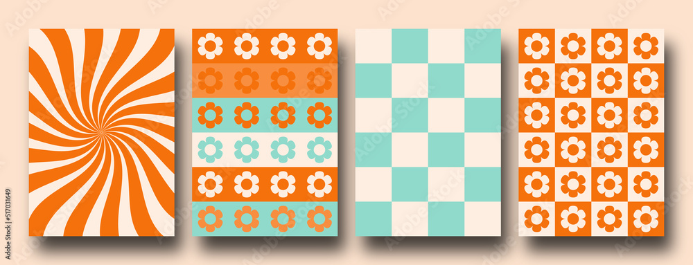 Vector set of Groovy hippie 70s backgrounds. Checkerboard, chessboard ...