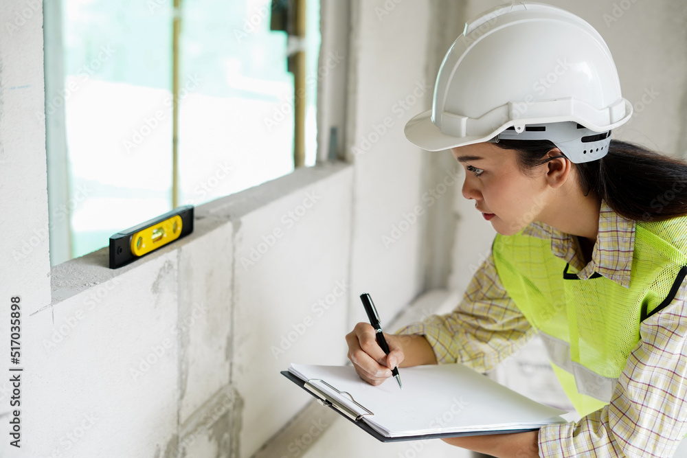 Inspector or engineer checking and measuring the leveling of the wall ...