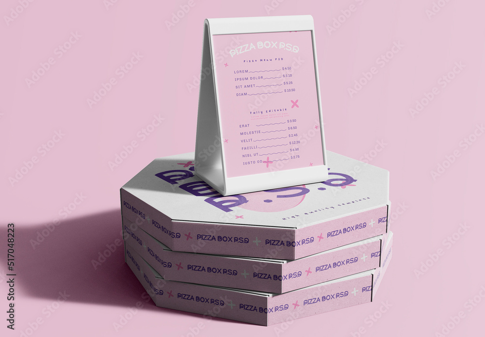 3D Octagon Pizza Boxes with Pizzeria Menu Mockup Stock Template | Adobe ...