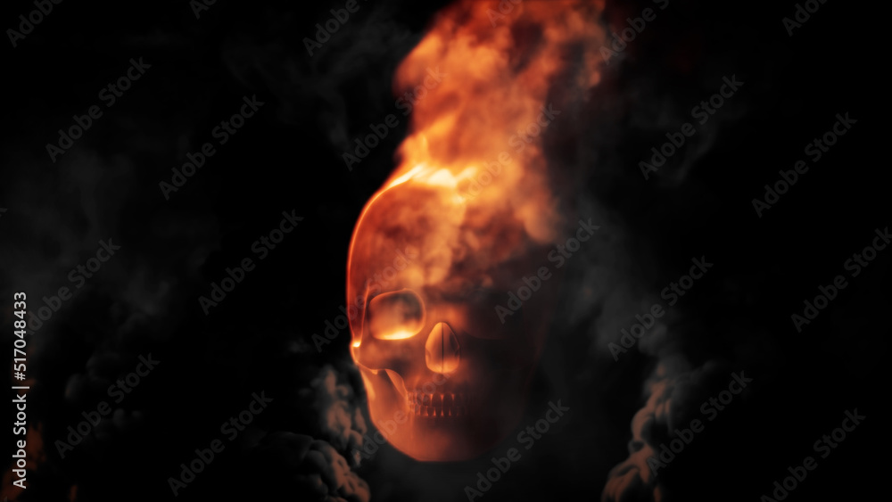 Burning horror of war concept - human skull with fire dark backdrop ...