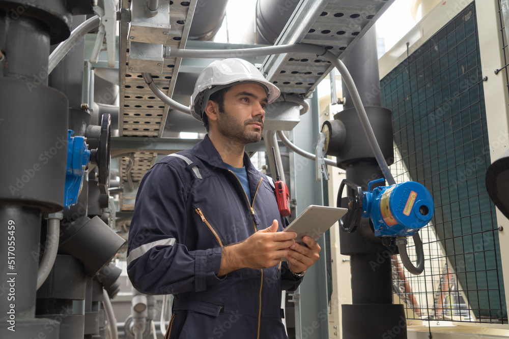 An engineer man or worker, people working in industry factory. Chiller ...
