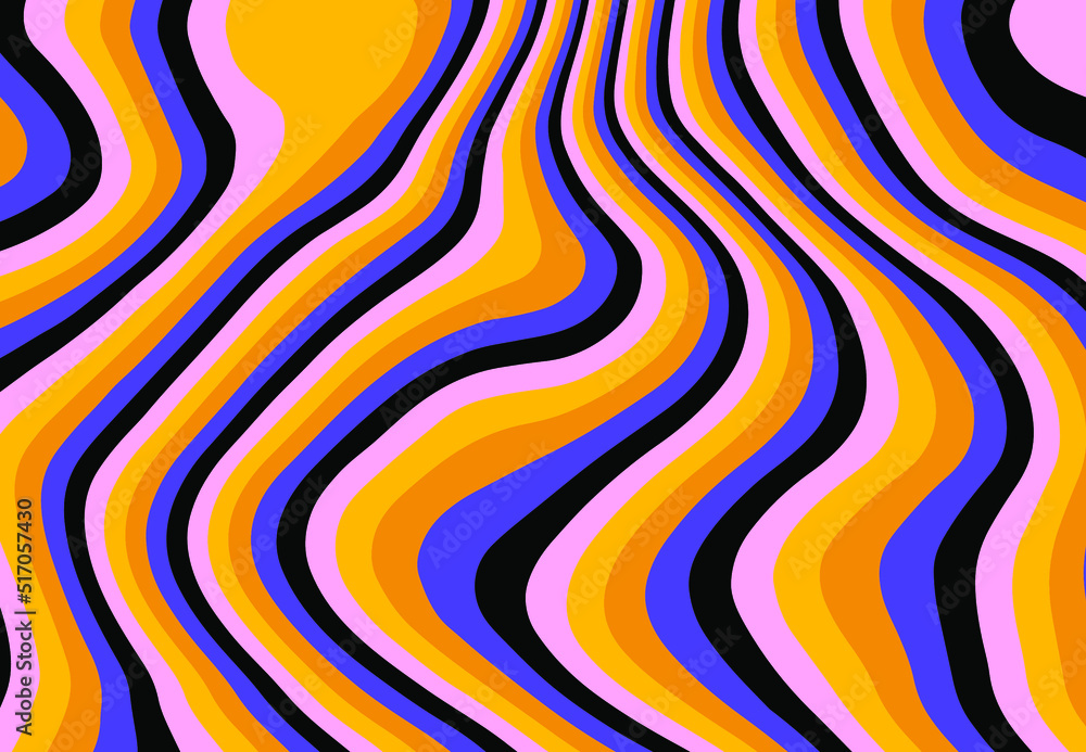 The 1970s-style wavy retro background in a psychedelic bright acidic ...