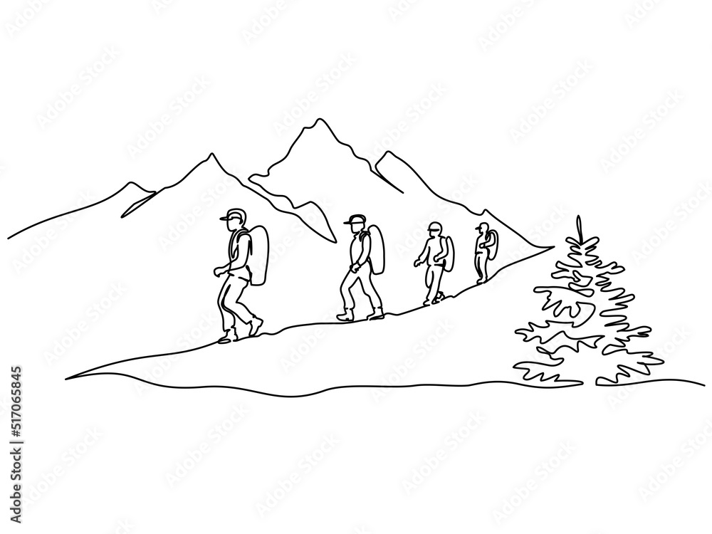 Group of travelers hiking in mountains. Modern single line draw Stock ...