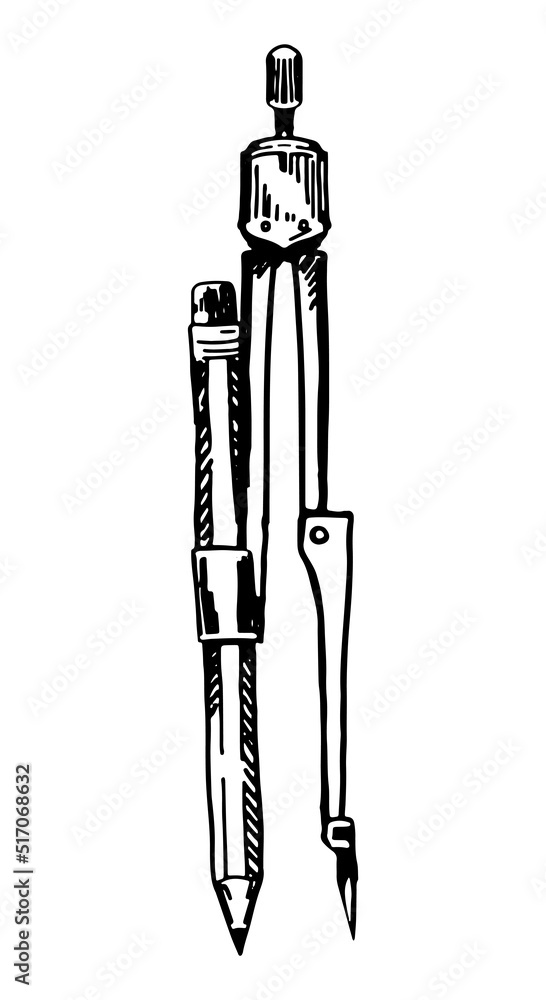 Geometric compass with pencil doodle. Sketch of tool architect ...