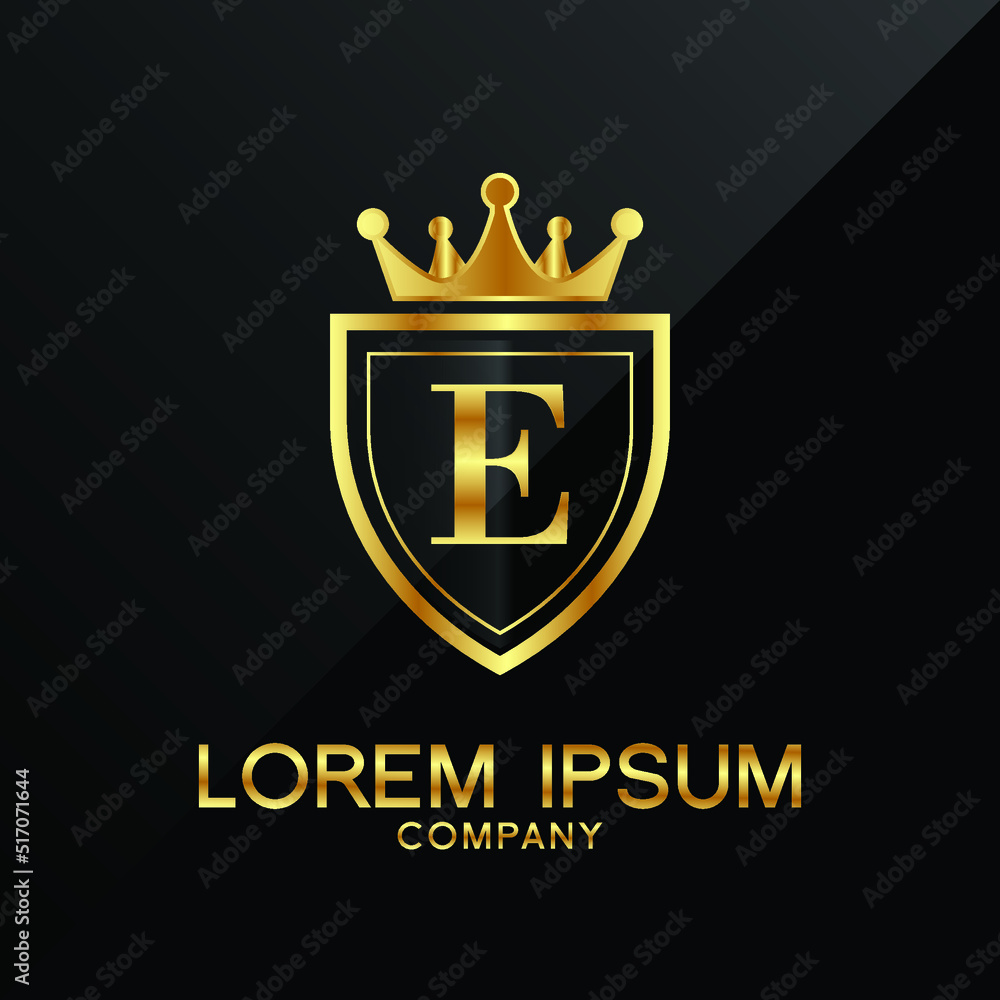 Letter E crest logo Alphabet logotype shield crown gold vector design ...
