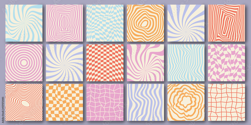 Vector set of Groovy social media backgrounds. Checkerboard, chessboard, mesh, waves patterns ...