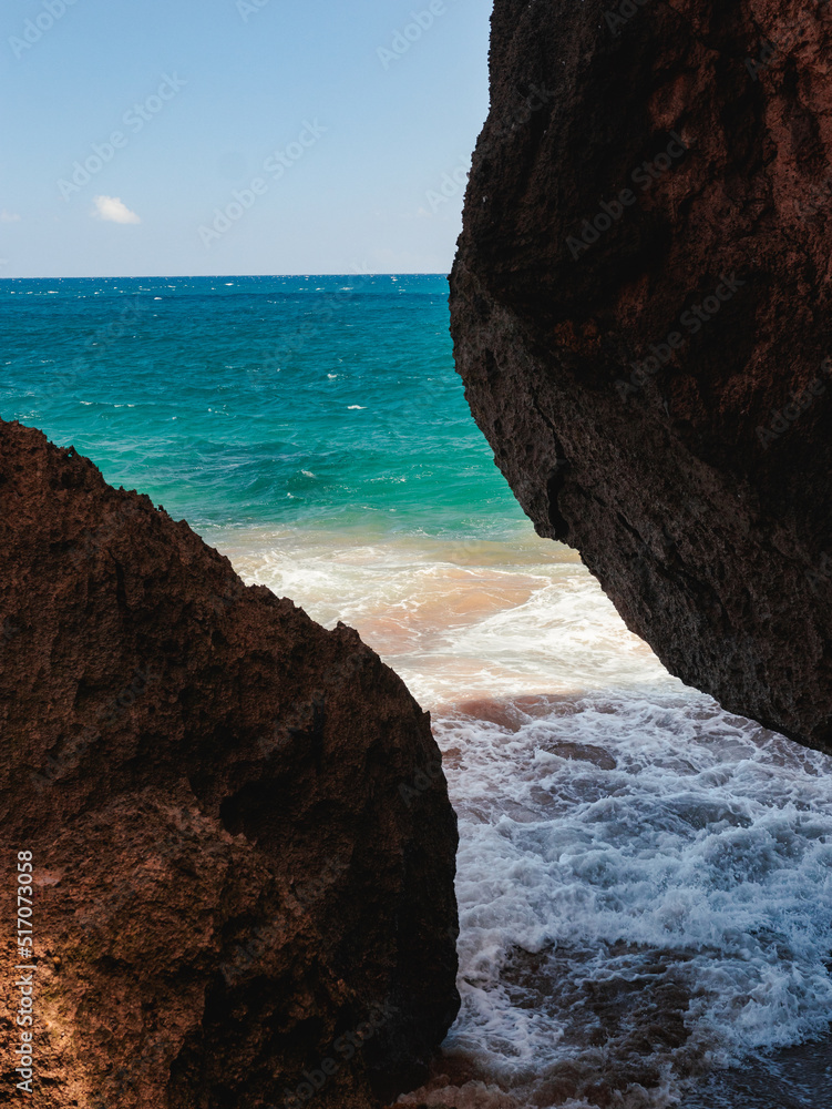 Puerto rico Aguadilla survival beach caves with big rocks formation ...
