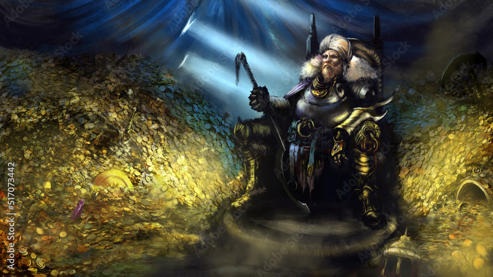 The Sultan sits on a throne with a sword in his hand, around him there ...