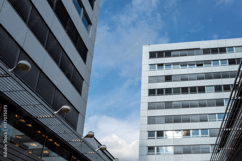 Outdoor sunny exterior view between building with mixture rectangular ...