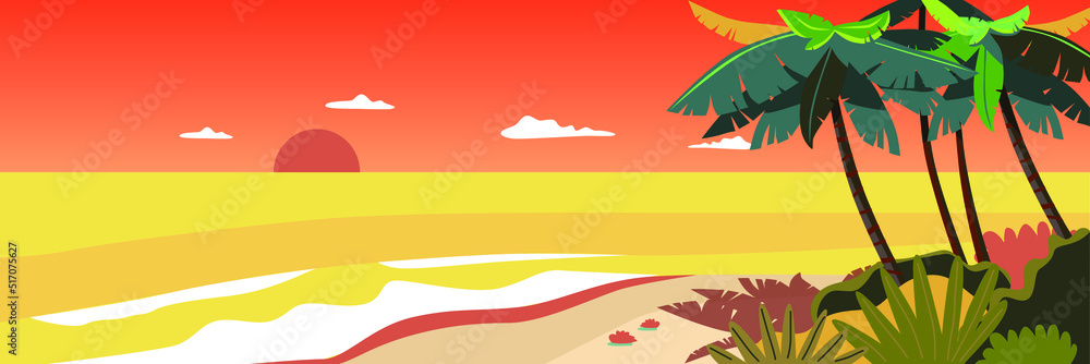 Vector beach sunset ocean landscape illustration for banner. Summer ...
