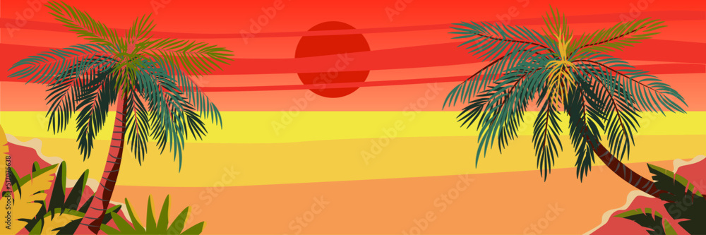 Vector beach ocean landscape illustration for horizontal banner. Summer ...