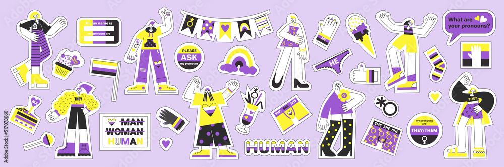 Stickers with nonbinary symbols and flags vector illustration set ...