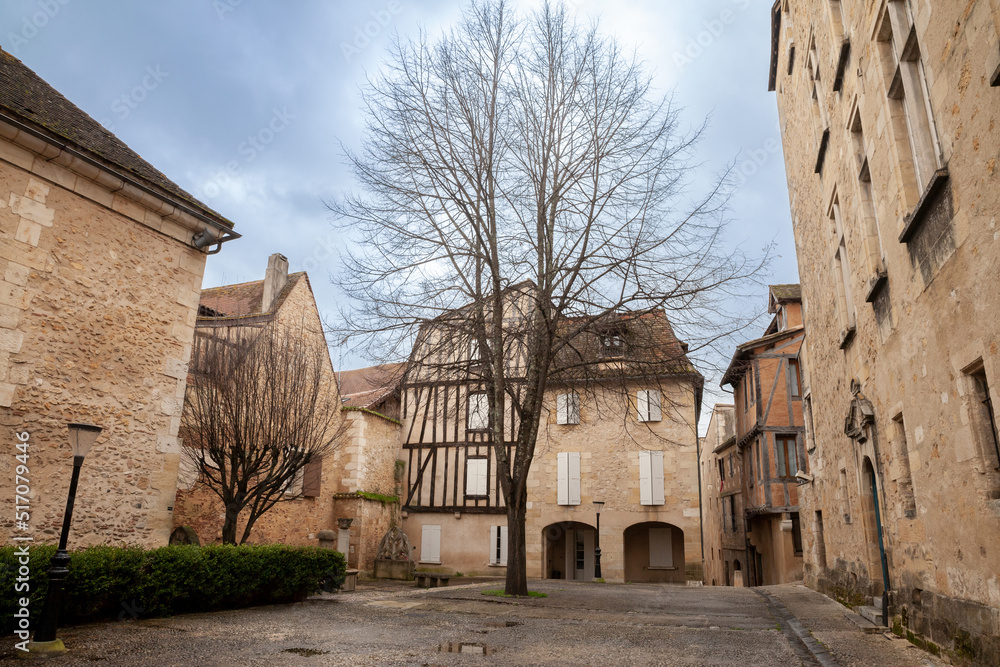 Facade of half timbered houses, medieval buildings, on a square in a ...