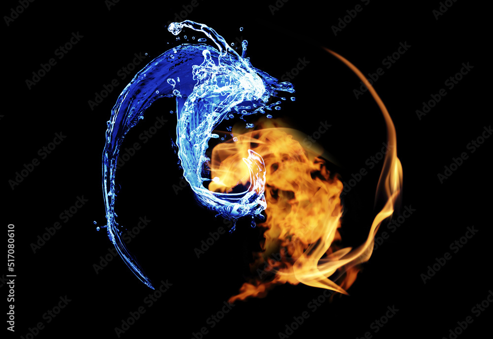 Fire flames and water splashes resembling Yin Yang symbol on black ...