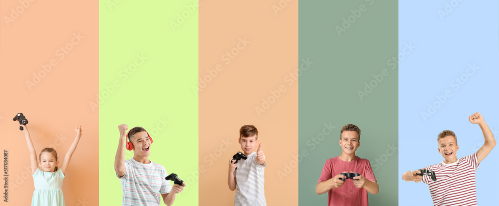 Set of children playing video games on colorful background Stock Photo ...