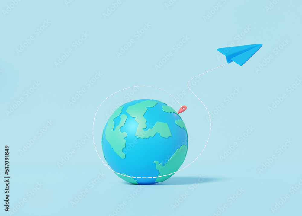 Blue paper airplane on sky blue background mark map pin earth location ...