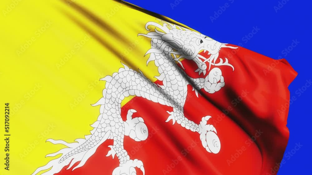 Loop of Butan flag waving in wind on blue screen texture background ...