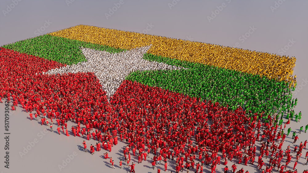 A Crowd of People gathering to form the Flag of Myanmar. Burmese Banner ...