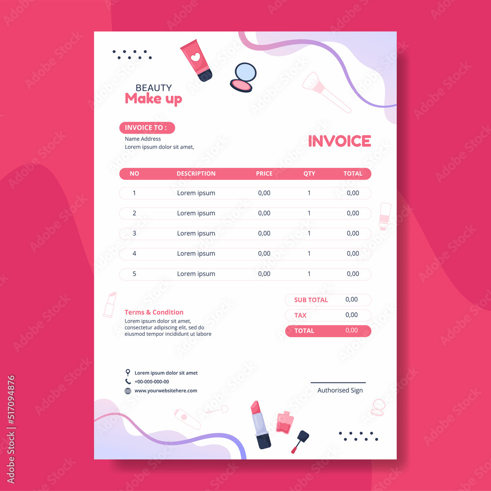 Beauty Makeup Invoice Template Flat Cartoon Background Vector ...
