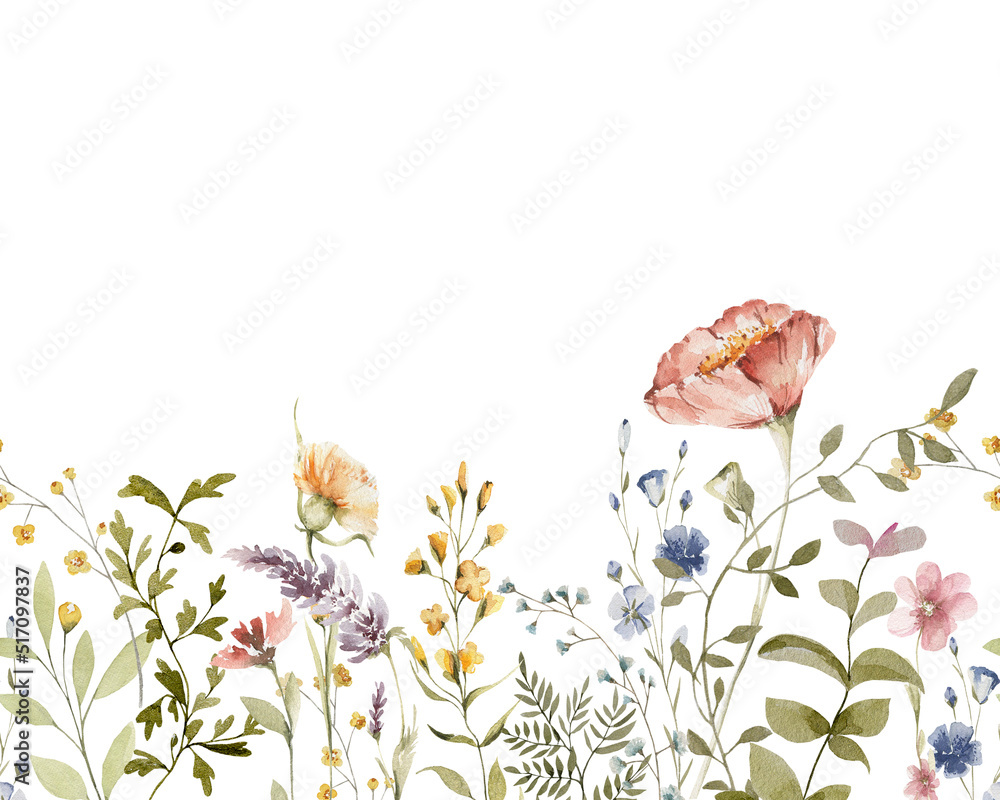 Watercolor floral seamless border. Hand painted frame of green leaves ...