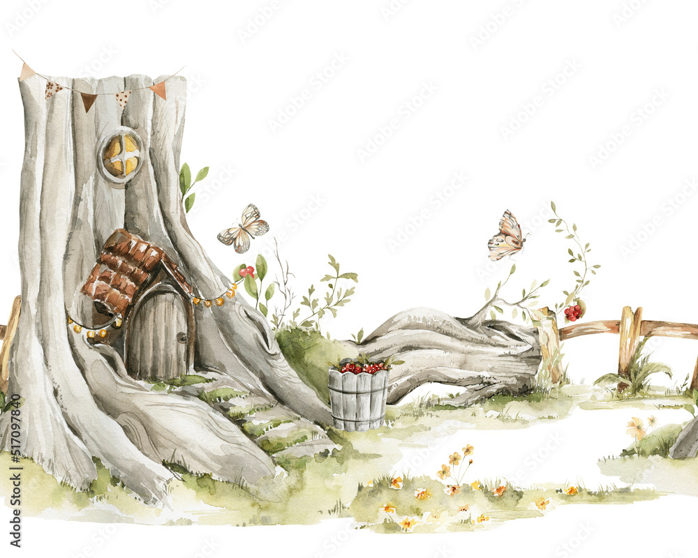 Watercolor summer landscape seamless border. Hand painted nursery frame ...