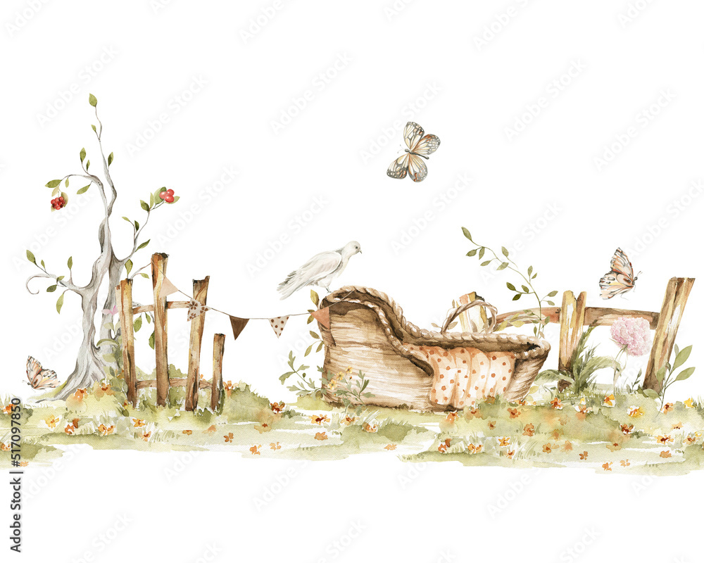 Watercolor summer landscape seamless border. Hand painted nursery frame ...