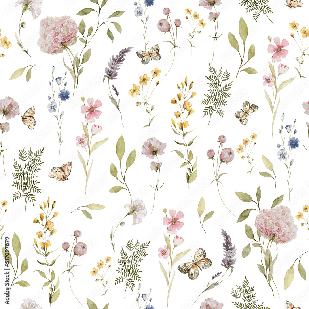 Watercolor floral seamless fabric. Hand painted greenery, wildflowers ...