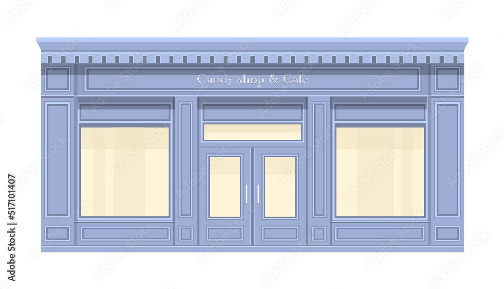 Candy Shop blue color. Sweet market. Confectionery store facade with ...