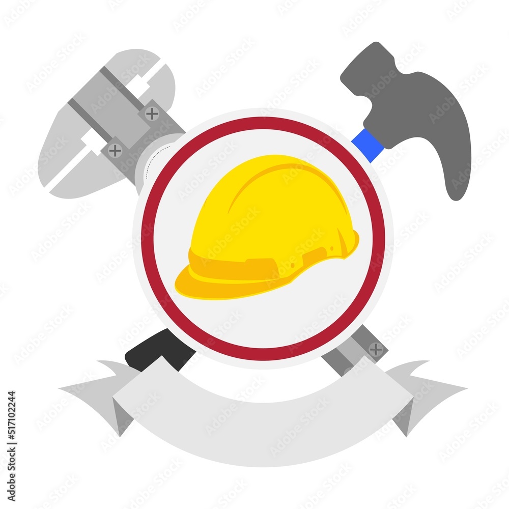 construction helmet and crossed hammer and calipers on a white ...