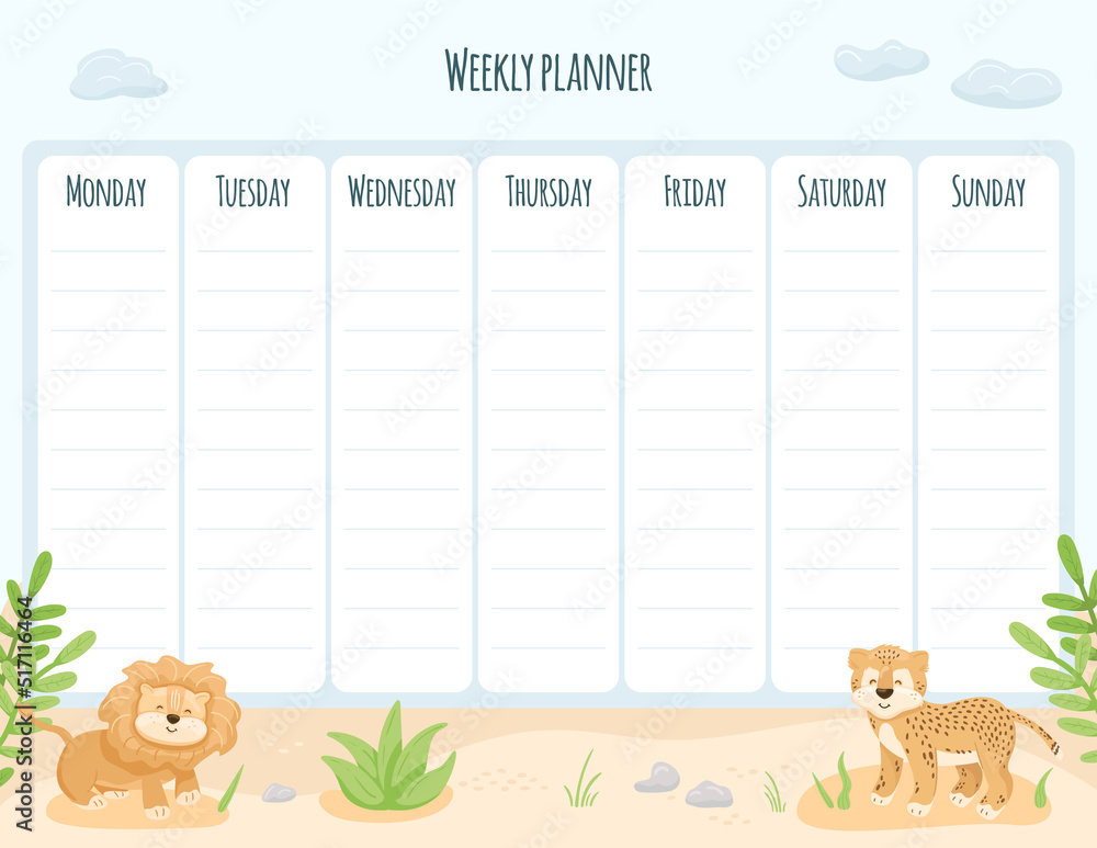 Weekly planner template with cute jungle animals lion, cheetah ...