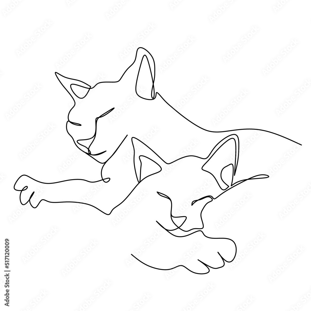 Continuous one line drawing of cat silhouette. Peaceful faces of two ...
