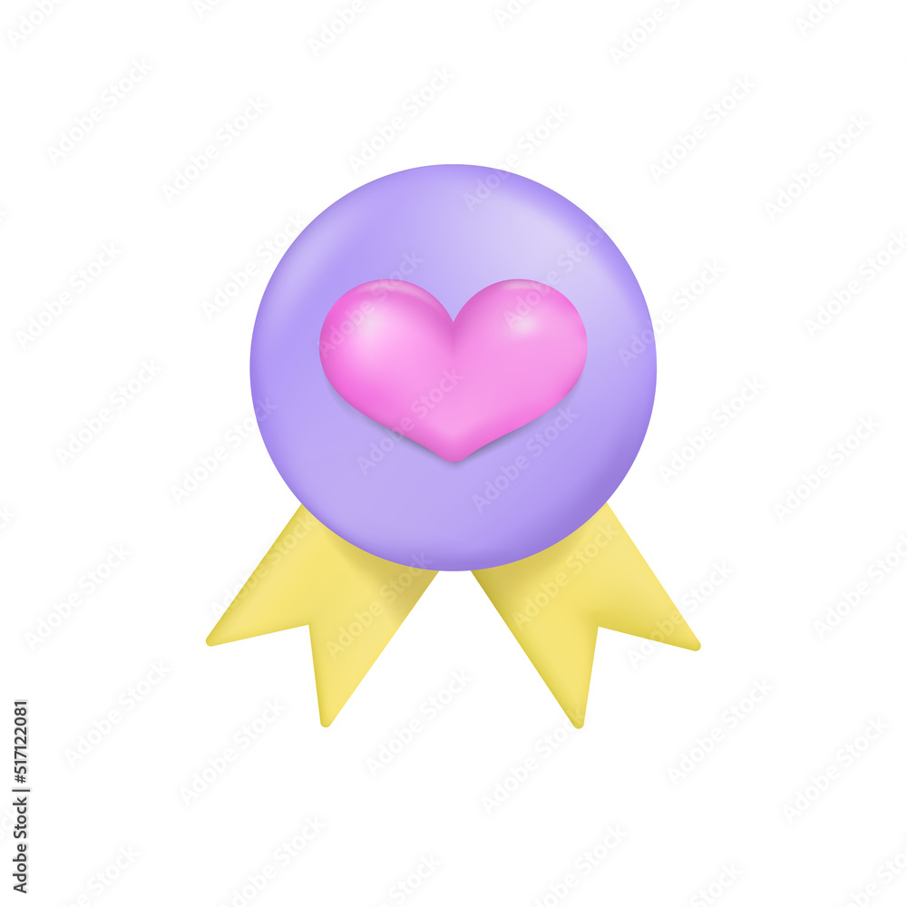 3d medal icon with pink hart symbol and ribbons. 3d badge awards of ...
