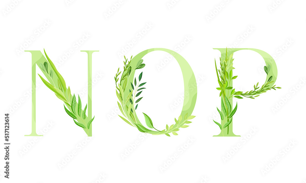Ecology english alphabet letters. Green leaves font. N,O,P letters ...