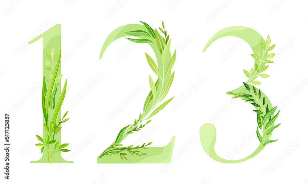 1,2,3 numbers made of green leaves. Green leaves font cartoon vector ...
