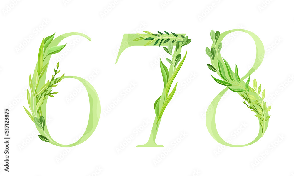 6,7,8 numbers made of green leaves. Green leaves font cartoon vector ...
