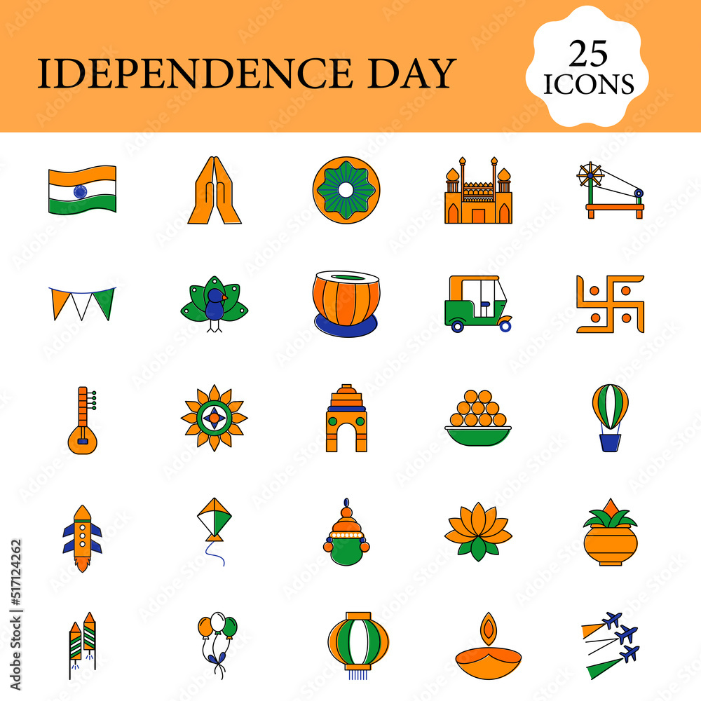 Isolated India Independence Day -25 Icon Set In Flat Style. Stock ...
