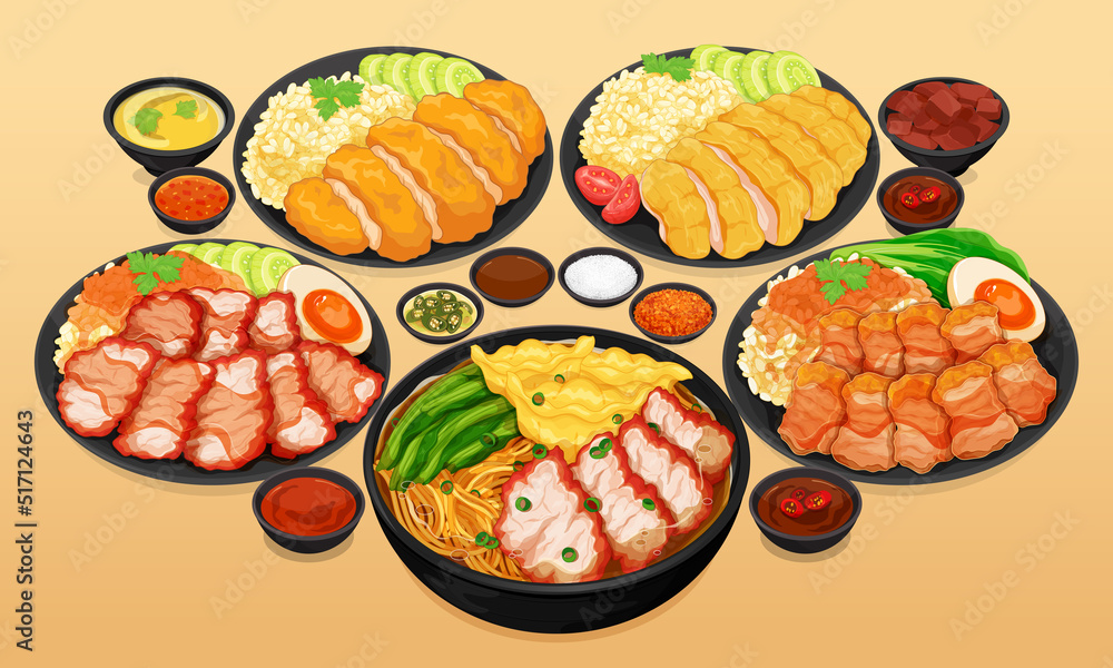 Vetor de Asian foods menu set close up illustration vector. Thai street ...