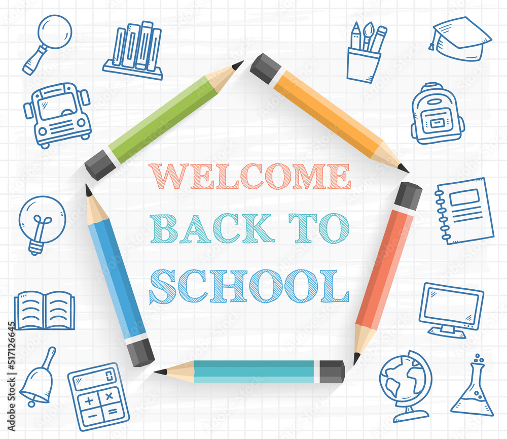 Welcome back to school background with pencils and hand drawn icons on ...