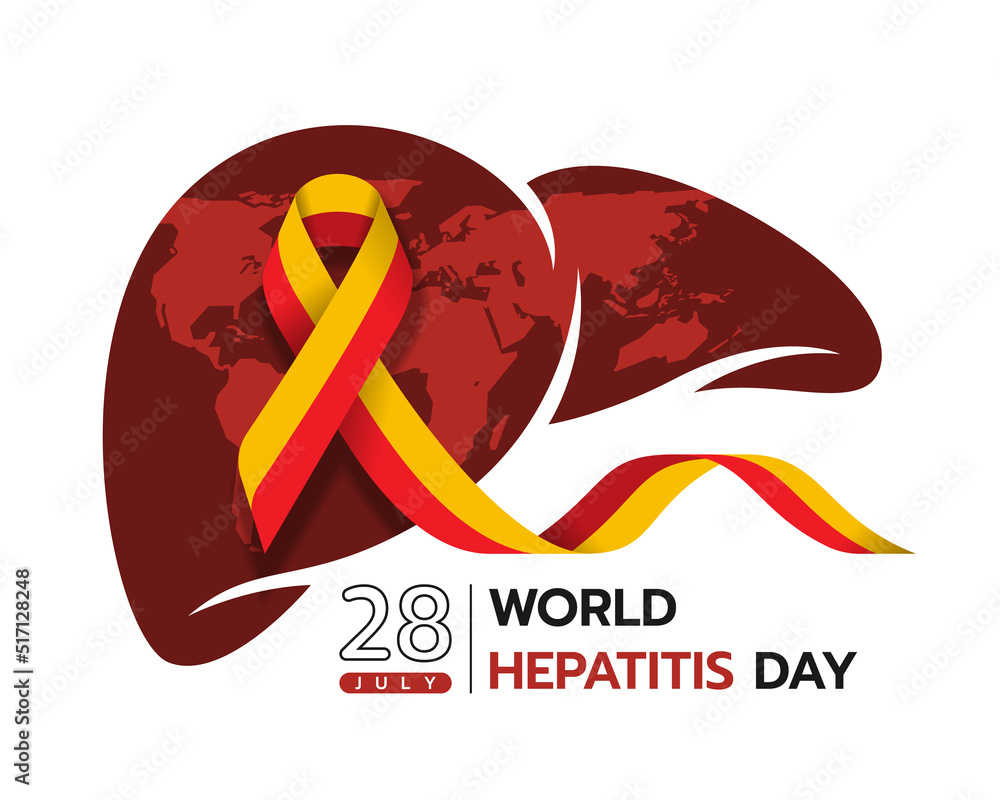 world hepatitis day - yellow red ribbon waveing around red brown liver ...