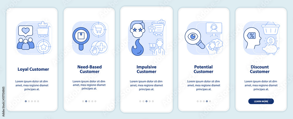 Types of customers light blue onboarding mobile app screen. Business ...