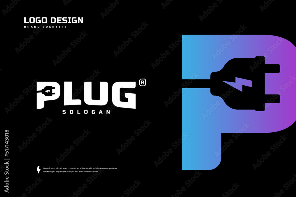Initial letter P logo with plug cable inside. Lettering logo negative ...