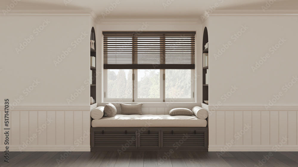 Classic window with siting bench and pillows. Dark wooden venetian ...