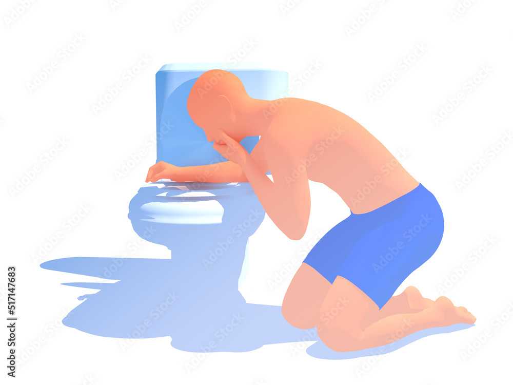3d illustration of crouching human silhouette vomiting into a water ...