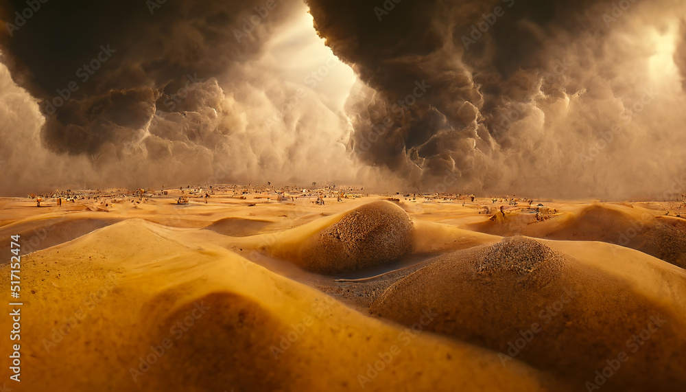 Fantasy desert landscape, sandstorm, sands, dunes. Empty desert ...