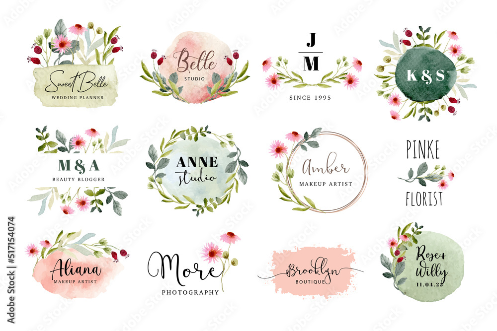 premade logo with pink green floral and brush stroke watercolor ...
