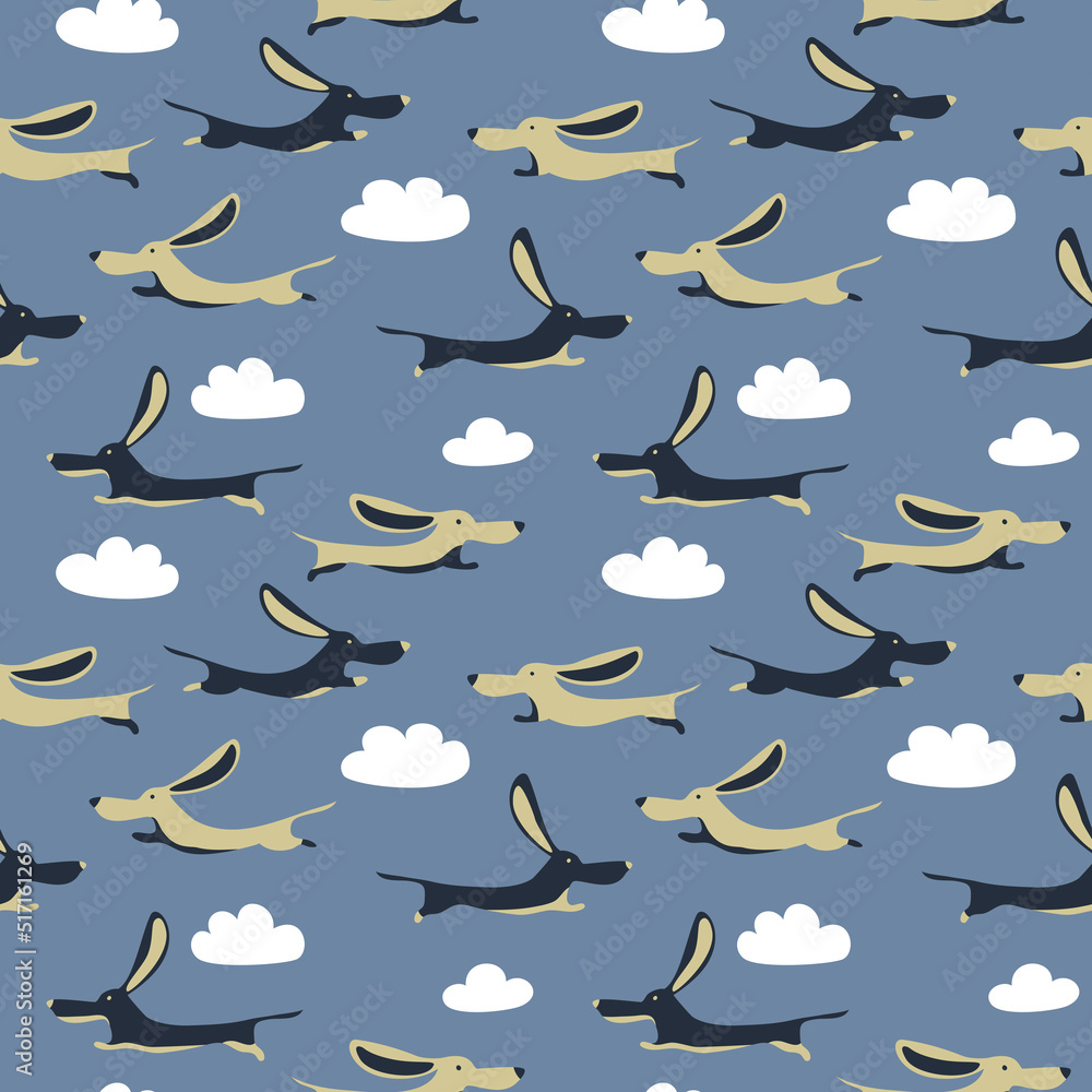 vector funny cute cartoon dachshund seamless pattern vintage flying ...