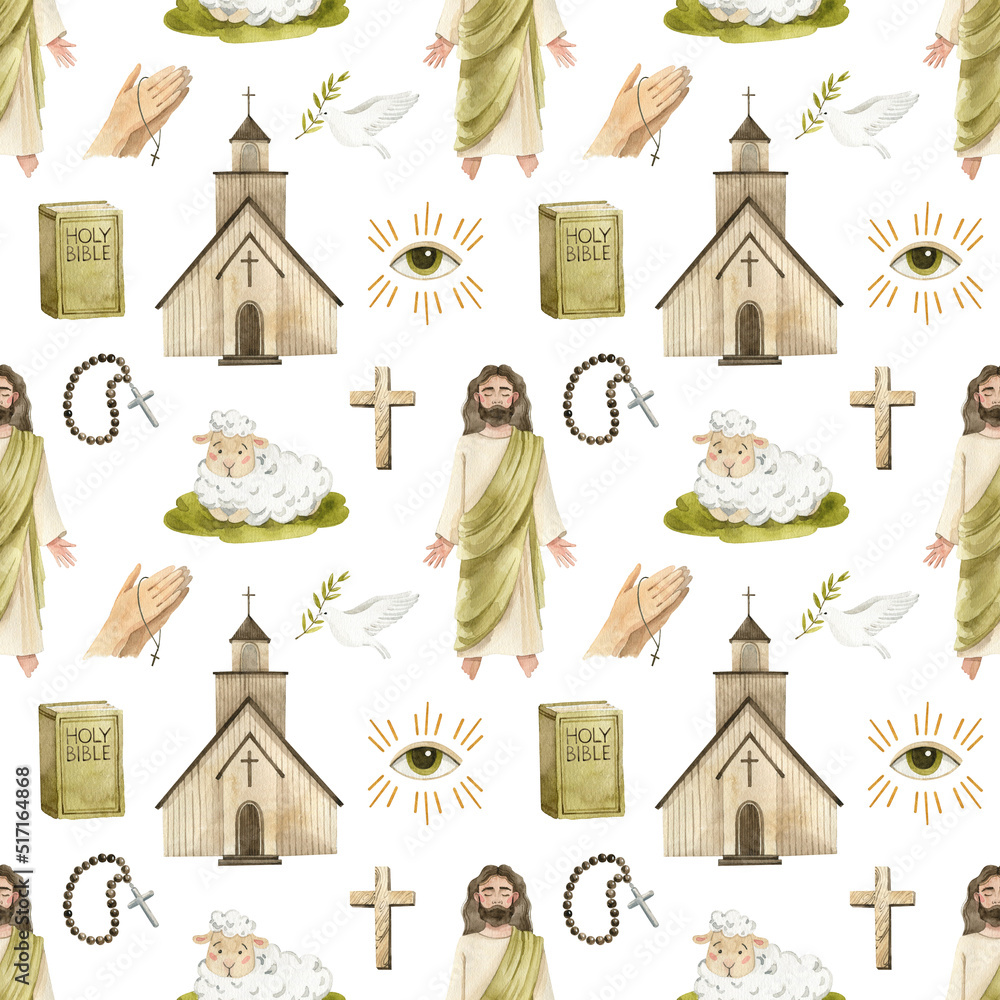 Religious seamless pattern. Bible, rosary, cross, all-seeing eye, dove ...