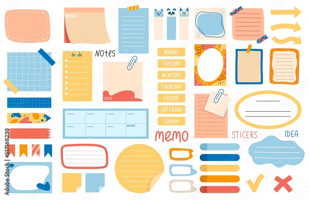 Set of stickers and planners for reminders. Sticky notes and other ...