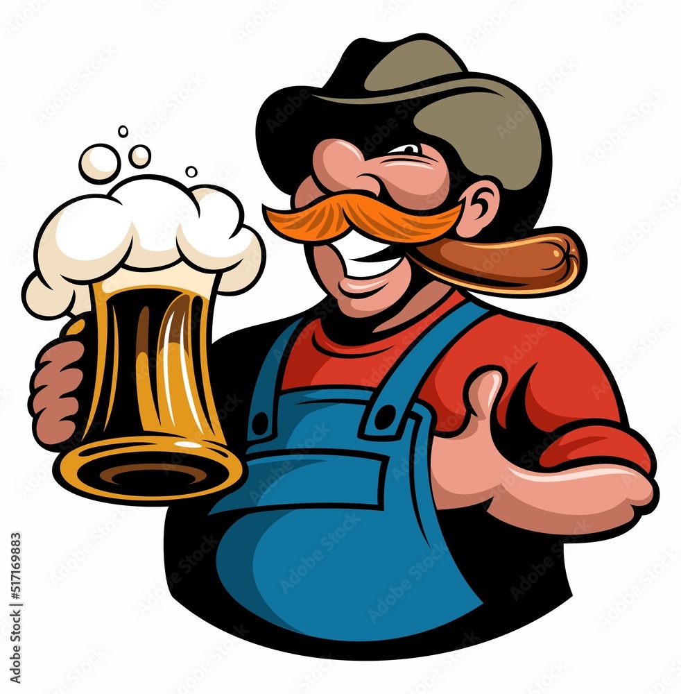 Cartoon style old smiling man, holding a beer mug logo design concept ...